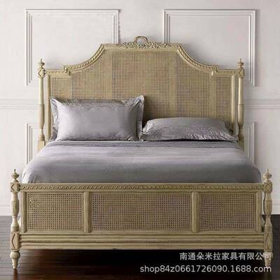 美式乡实村藤编911-15351木.8米人双大床复古做旧民宿风主卧大床