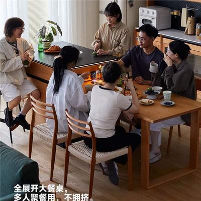 日式实木台樱桃木小户型可伸ENR缩岛餐桌一体吧台岩板储柜餐边物