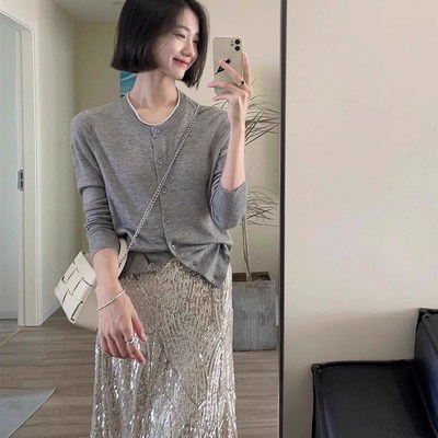 高级银色半身裙女秋季新款亮片闪闪a字鱼尾裙直筒亮晶晶裙子显瘦