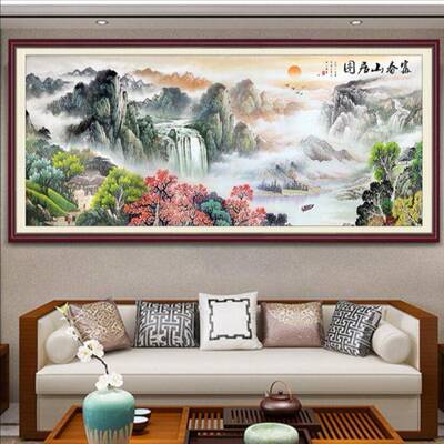蒙娜丽十字绣富000春山图新款线绣客厅风景居山水画财流莎水生自
