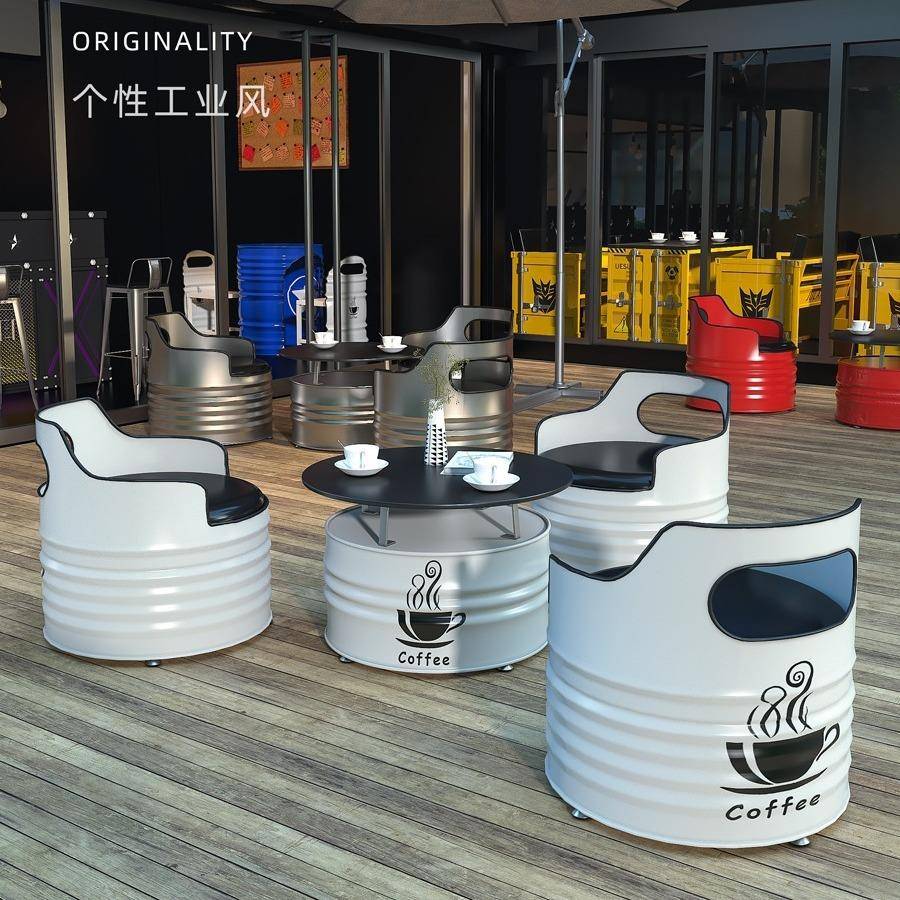 奶茶店酒吧清吧工业风桌椅组合网红店咖啡厅餐厅铁艺油桶卡座沙发