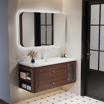 日丰法式卫浴柜洗漱台中古风圆弧胡桃木色浴室柜陶瓷一体盆带侧柜