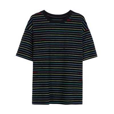 DOROTHY丨黑底彩条拼接短袖t恤女2024新款夏季宽松休闲设计款上衣