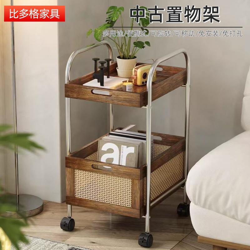 实木移动带轮边几不锈钢收纳中古小推车客厅储物藤编置物简约茶几