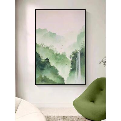 玄水书墨关风景高山流客厅酒店房绿色青山A188vJ8S瀑水布挂画新中