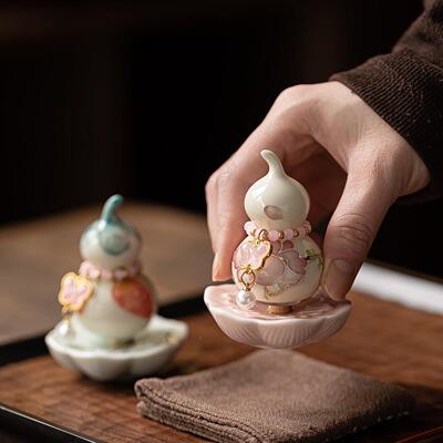 釉下彩绘花卉网红转转芦摆件色DKC办公室粉桌面转运可爱葫手装饰