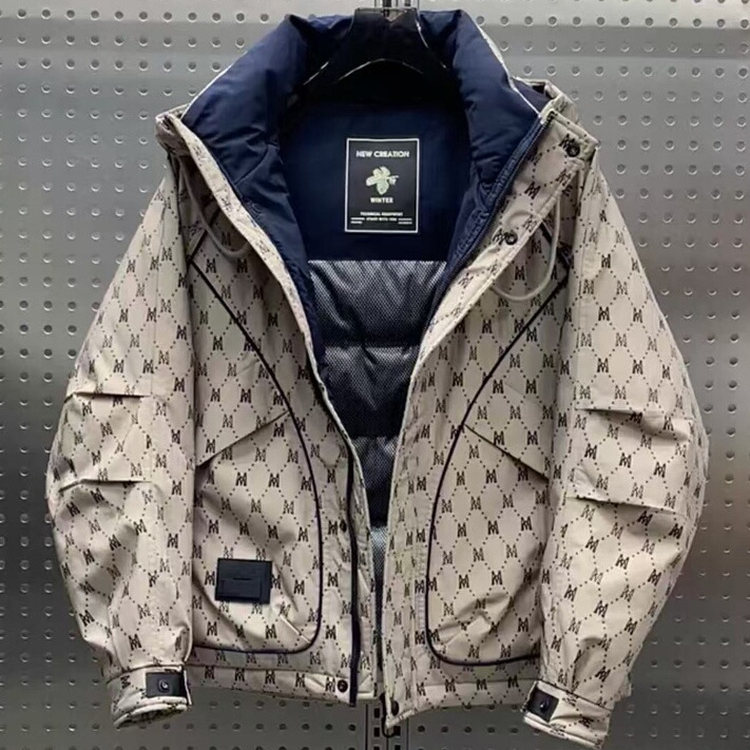 白鸭绒连帽印花羽绒服男冬季潮牌美式工装户外冲锋衣防寒休闲外套