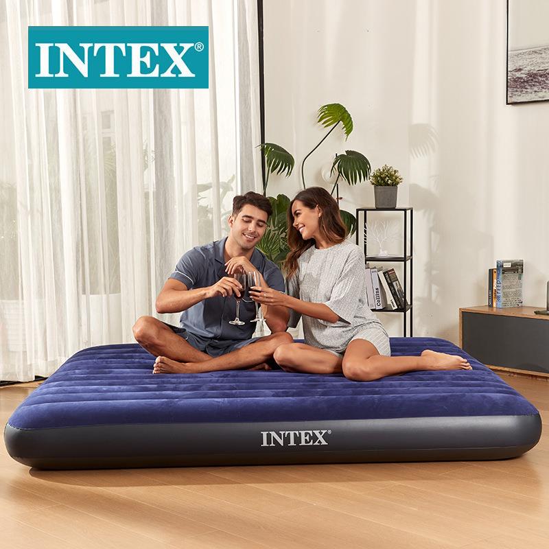intex 64755 深蓝植绒双人充气床午休床气垫方便折叠户外PVC