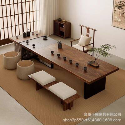 中式OIK茶桌宋代厅美学黑胡桃木喝茶桌椅新组合客办公室板大茶台
