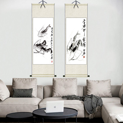 齐白石花鸟画虾图 水墨虾 花鸟画装饰画国画绢画菊花荷花挂画布画