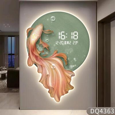 现代年年有鱼玄钟表挂钟D客厅餐厅关走廊过道JS-097装饰画灯LE挂