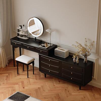 法式式复古卧黑色实美木收纳主卧转角室HKS化妆桌梳妆台一体柜小