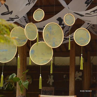 中式千里江山古风RTA形挂饰挂件圆空环中结婚橱儿窗幼园布置创吊