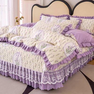 四床单季通用四件套夹pxx10032棉加厚防滑床三件套盖蕾丝花边床罩