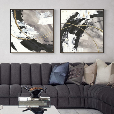 手绘油画黑白抽象浪花两联客厅沙发背景墙装饰画挂画走廊餐厅壁画