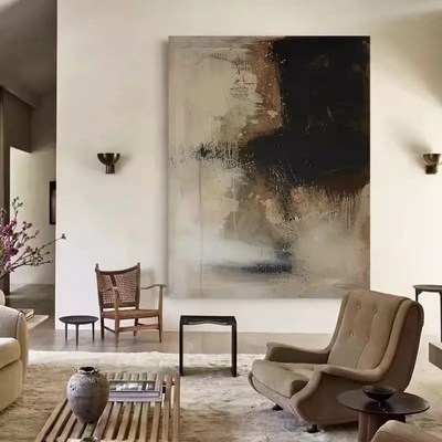 手绘油画莫言侘寂风客厅抽象艺术壁画会所民宿玄关高级感肌理挂画