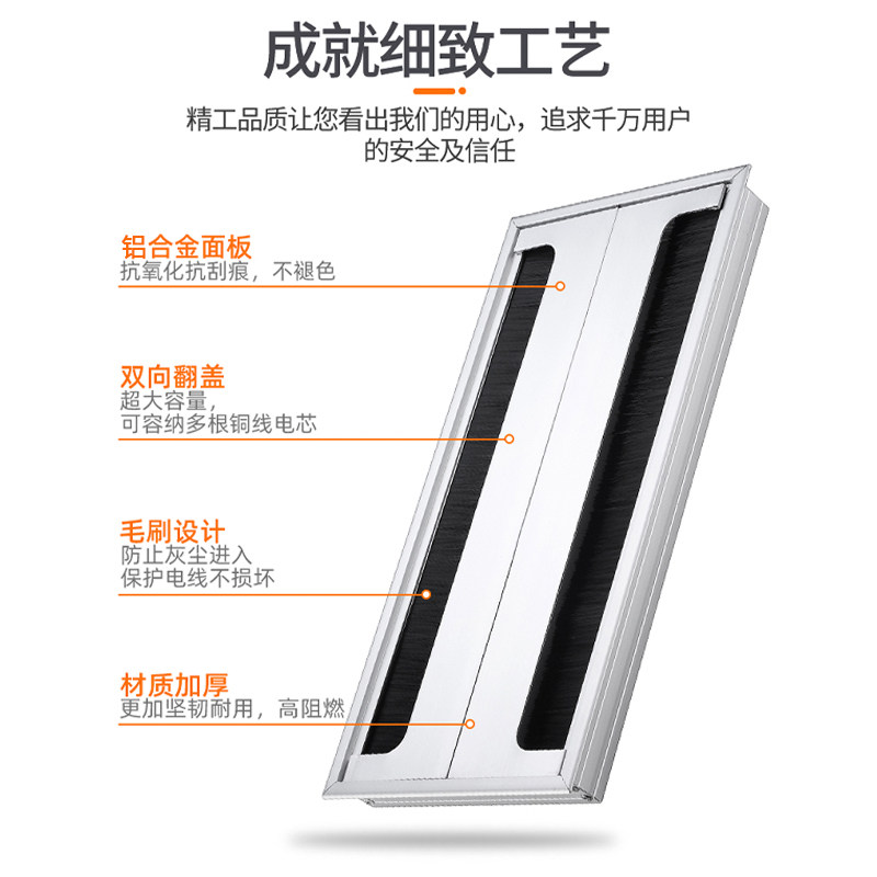铝合金双向桌面毛刷穿线盒孔盖板会议室电脑桌穿线走线方形装饰盖