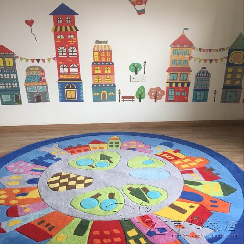 圆形儿童卡通早教幼儿园城堡地毯客厅卧室玄关电脑椅手工地毯定制