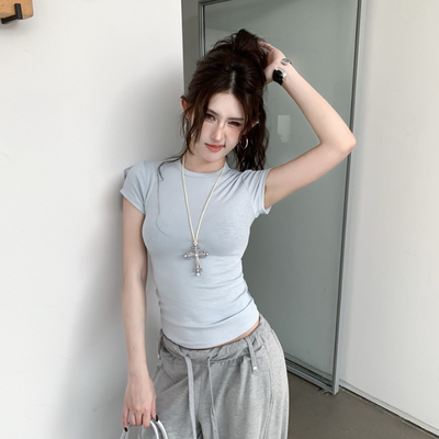 实拍实价夏季辣妹简约基础款正肩圆领收腰显瘦短袖T恤轻薄上衣