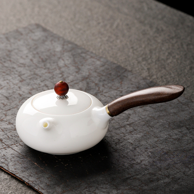 羊脂玉白瓷木把柄侧把壶家用手工白瓷茶壶简约功夫茶具单个泡茶壶