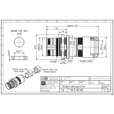 HARTING亭09151000311M2浩3飞线WJB底座后面板安装螺钉锁扣
