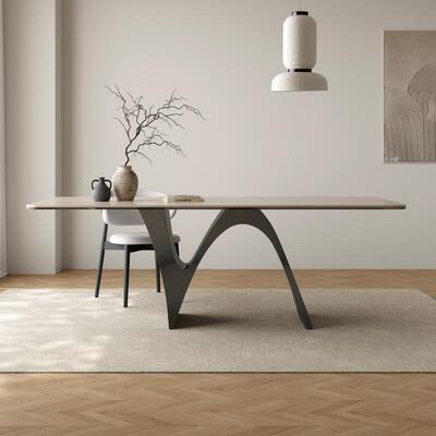 轻奢板岩板户桌椅组合现代XCU极简小型家用长方形桌洞石岩饭餐桌