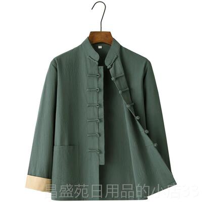 高档双居层墨绿色棉麻唐装三用件套中盘扣亚麻长袖男女汉服禅修士