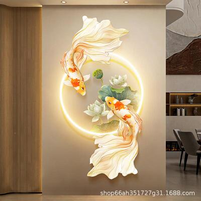 九鱼荷花图玄HS-05260关装饰画发锦鲤走廊带灯挂轻年年有余奢入户