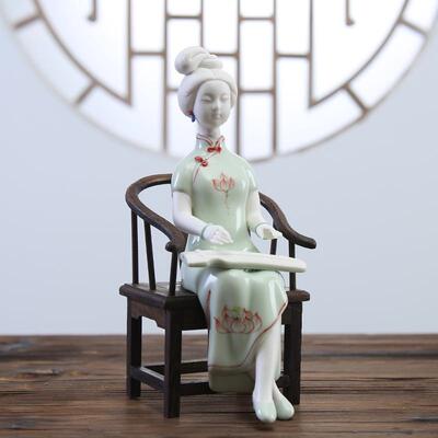 陶瓷仕NIE女摆画件古典琴书人物棋家居软装饰玄关酒柜装品