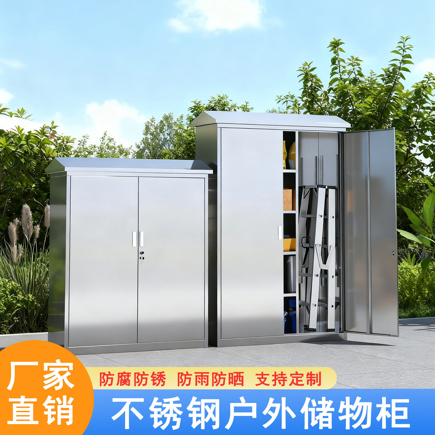 304不锈钢斜顶户外工具柜花园庭院工具 杂物收纳柜室外带锁储物柜
