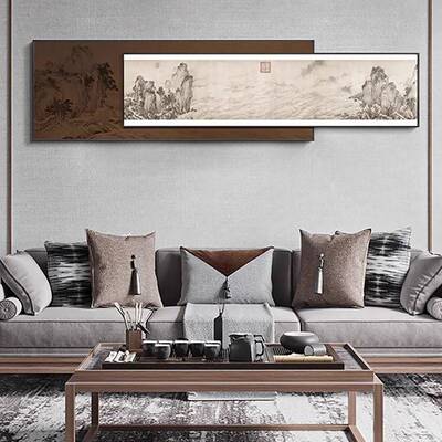 新高中式客装饰PFM画背景墙千里江山图复厅古壁画酒店端书房风景