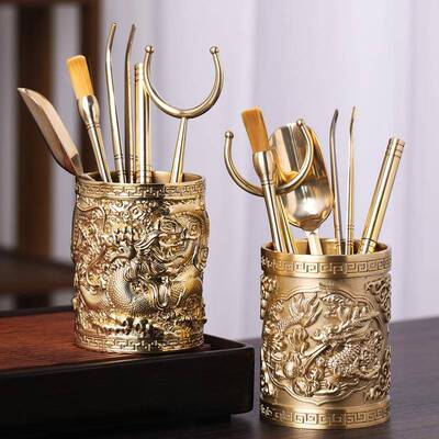 黄铜道六君子茶筒套装功40242茶具配件大全6君子笔筒夫茶茶夹茶刀