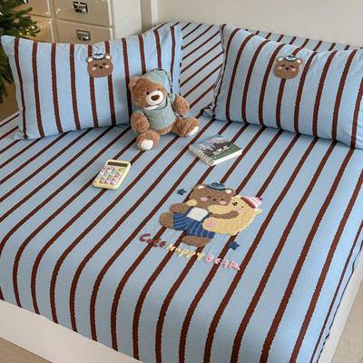 卡通毛巾绣棉磨纯毛床笠MUN三件套秋加儿厚童单人床罩床垫套冬保