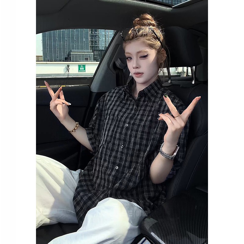 夏季轻薄透气慵懒风格子衬衫短袖男休闲复古情侣装美式格纹衬衣