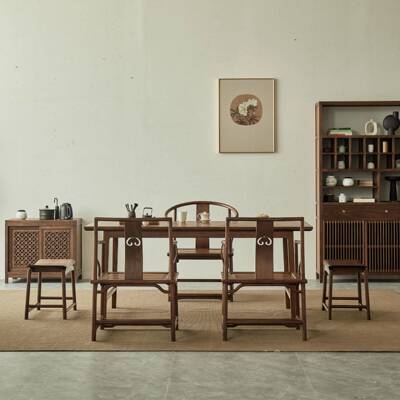 简木新中式茶老木黑茶GSU桌组合胡桃木简约榆阳台茶几台泡茶桌实