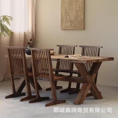 老榆木餐椅子组合复茶桌桌实木大板桌旧风化自然纹古理做长TRN条