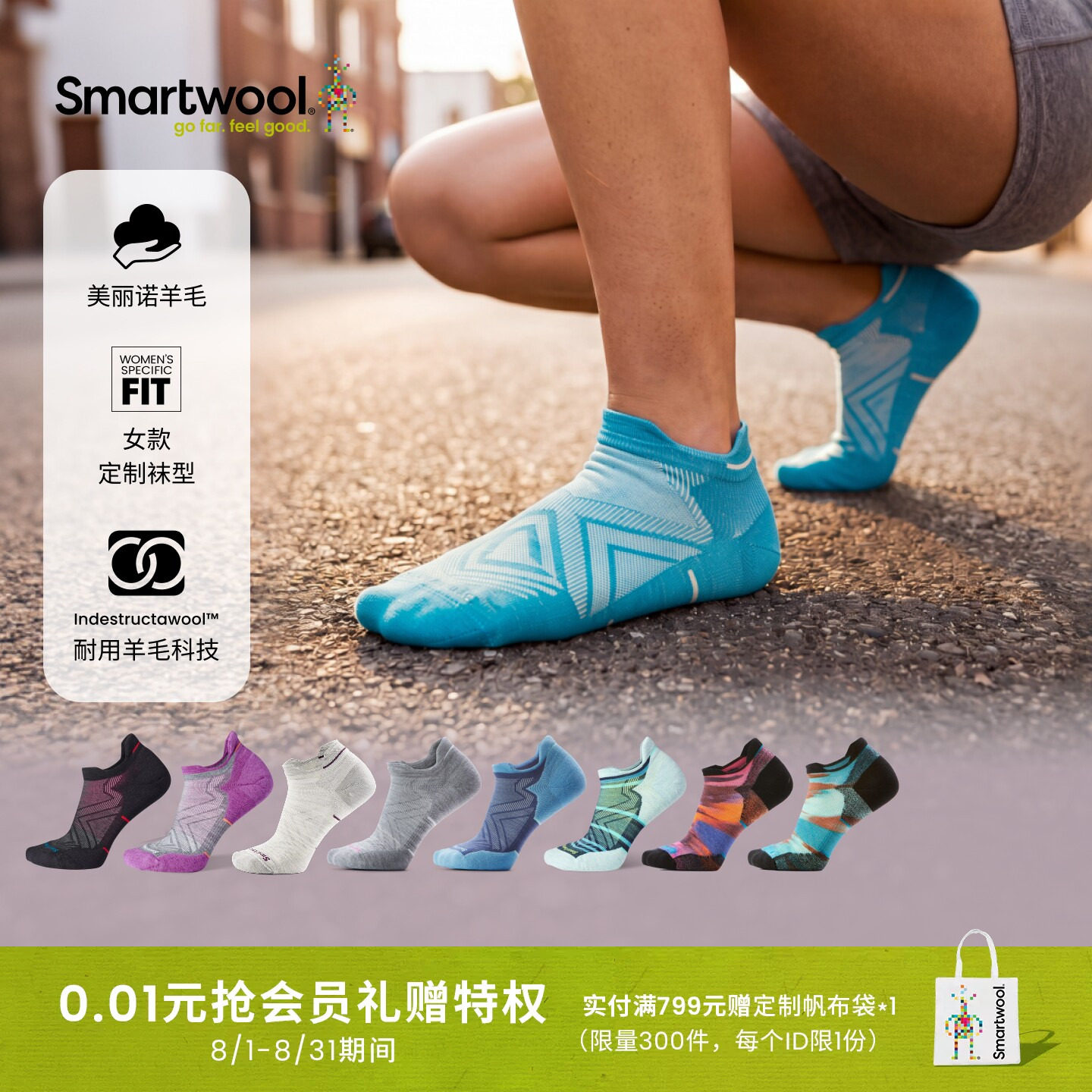 Smartwool新品美丽诺羊毛女区域轻量减震低筒中筒袜耐穿户外跑步