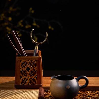 茶具六君子道配件收筒纳胡桃47187木镂空笔筒桃茶复核古中国风茶