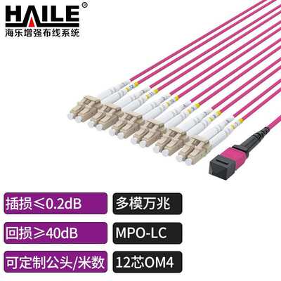 多模万兆MPO-LC12芯 40G转10G/100G转25G多模万兆OM4 MPO分支1米