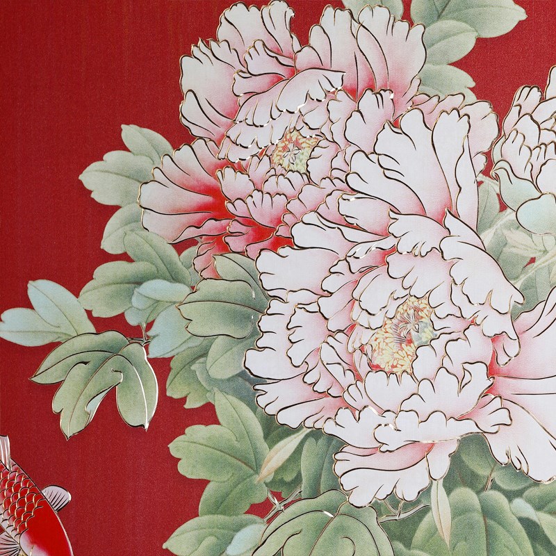 现代入户玄关铜雕画荷花九鱼图聚财迎门牡丹竖式中式过道装饰挂画