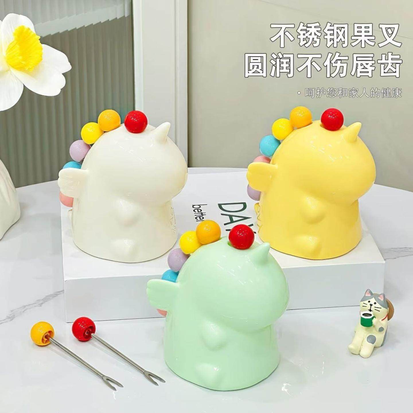 萌趣独角兽水果叉收纳罐彩色叉子套装家用高颜值儿童不锈钢甜品叉