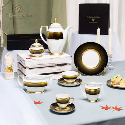 德国进口Falken陶瓷餐具欧式24K金奢华杯碗碟酒店摆台黑金套装