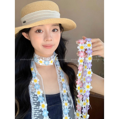 氧气夏日~ 蕾丝雏菊花朵细长条丝巾女海边度假风系脖飘带百搭配饰