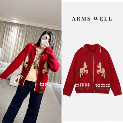 ARMS WELL王囡囡 红色翻领可爱小马绵羊毛针织上衣 S566