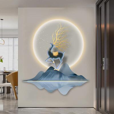 福鹿相随玄关装饰画LDE灯档次感画入户走廊过道尽头挂画不规则画