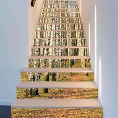 跨境Aliexpress货源13片装白桦树楼梯贴自粘墙贴台阶楼梯家居装饰