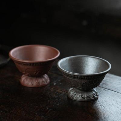 宜兴紫砂杯高脚杯手工品茗杯柴烧主人杯紫泥还原烧单个杯子130cc