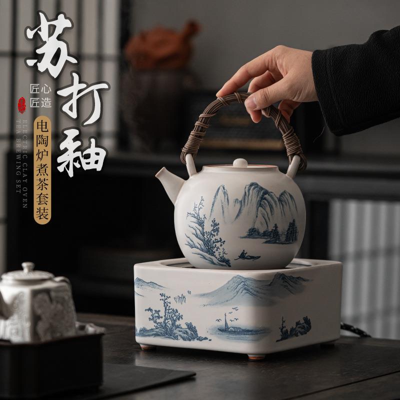 苏打釉手绘提梁侧把陶壶煮茶壶电陶炉烧水壶泡茶炉粗陶煮茶器套装