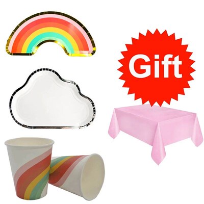 1Set Rainbow Tableware Plates Paper Cup Tablecloth Straw Rai