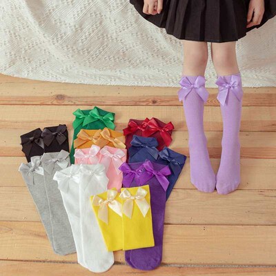 Childrens Mid-length Socks Solid Color Bow All-match Size C